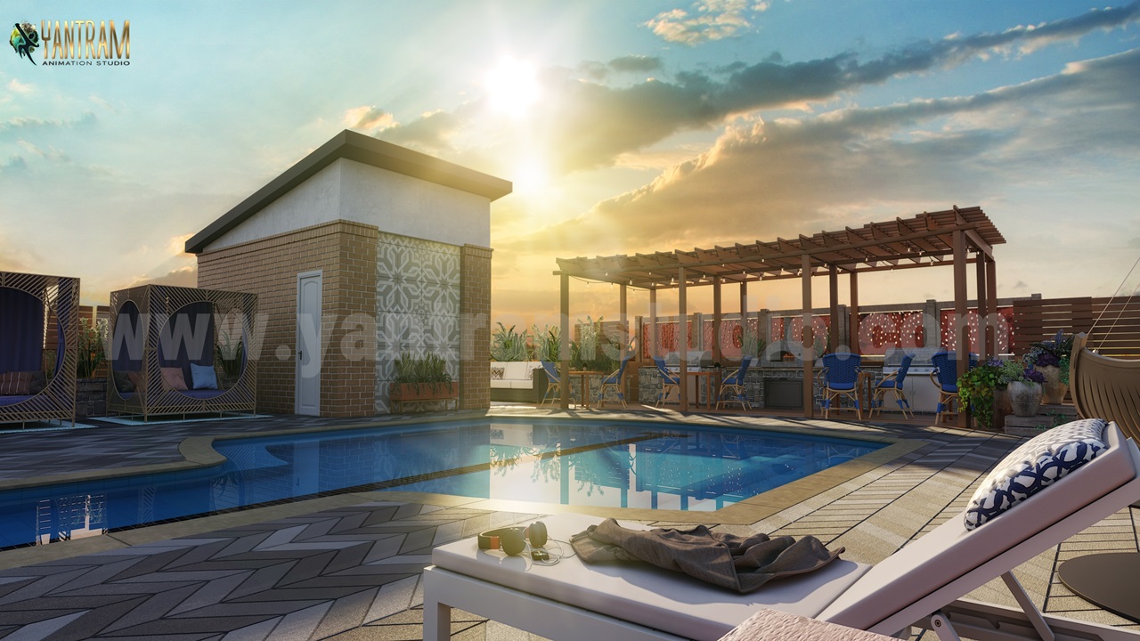 3D Exterior Rendering Services of Architectural Courtyard Pool View by ...