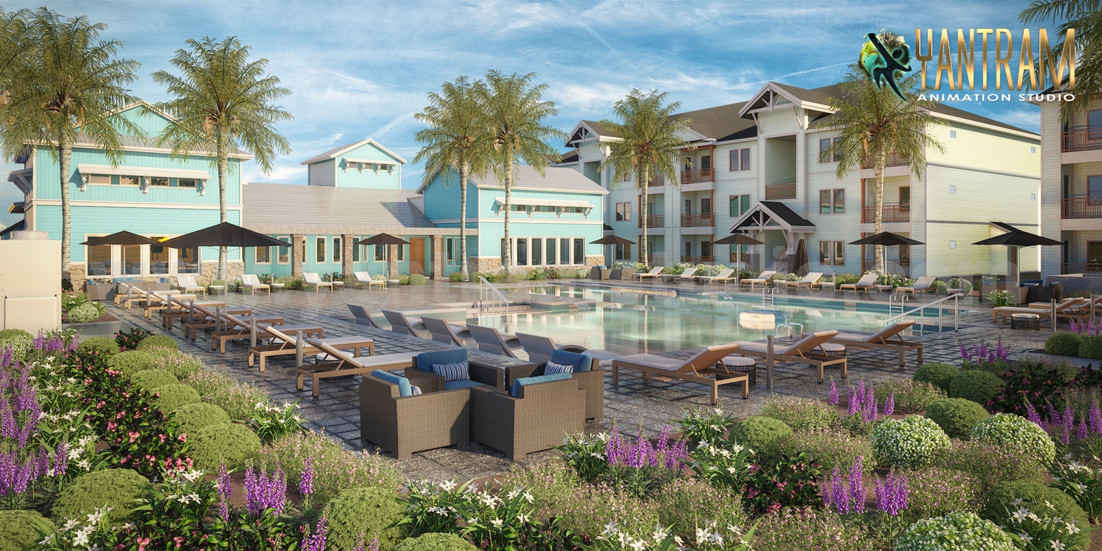 Exterior Courtyard Pool View Community With Architectural Rendering ...