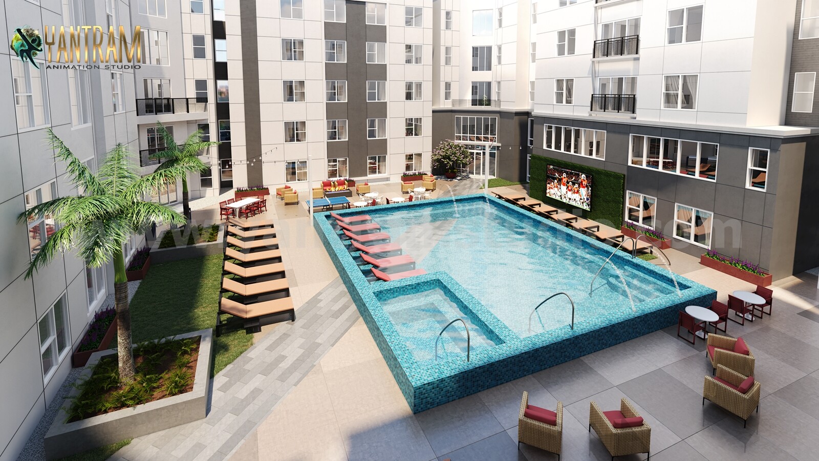 Residential Apartment architectural walkthrough services with swimming ...