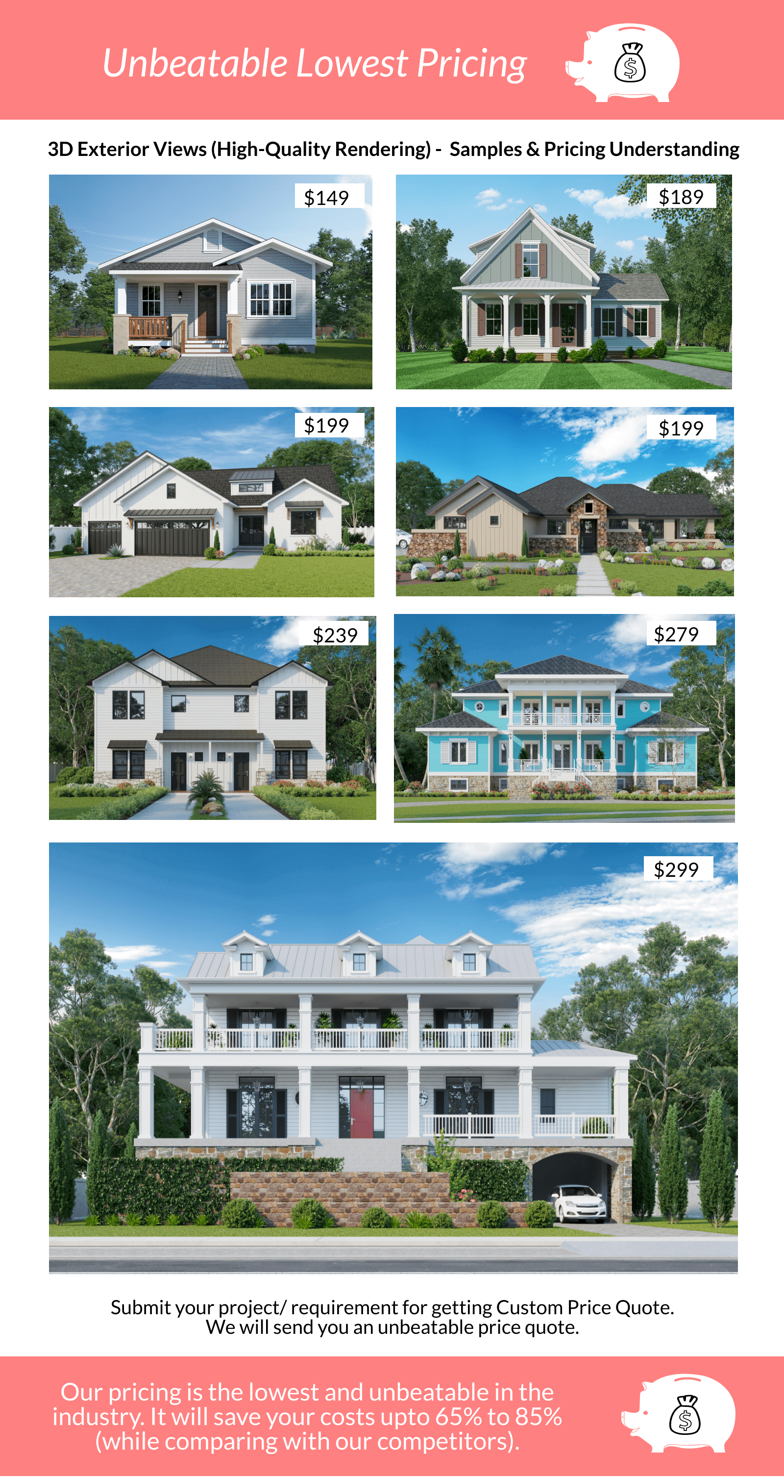 Single-Family Home 3D Exterior Rendering Price/ Cost by The 2D3D Floor ...