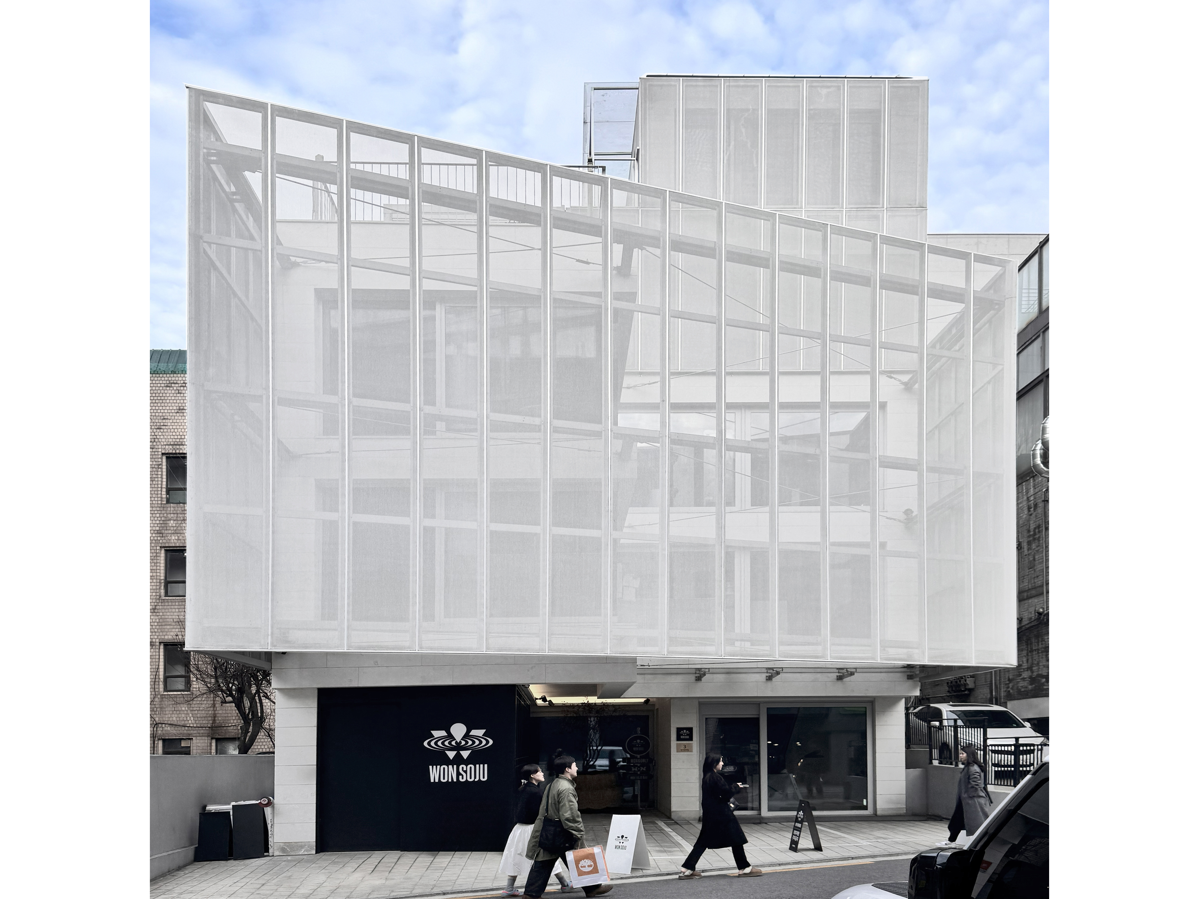 mesh membrane facades enfold archiworkshop's sinsa S8 commercial ...