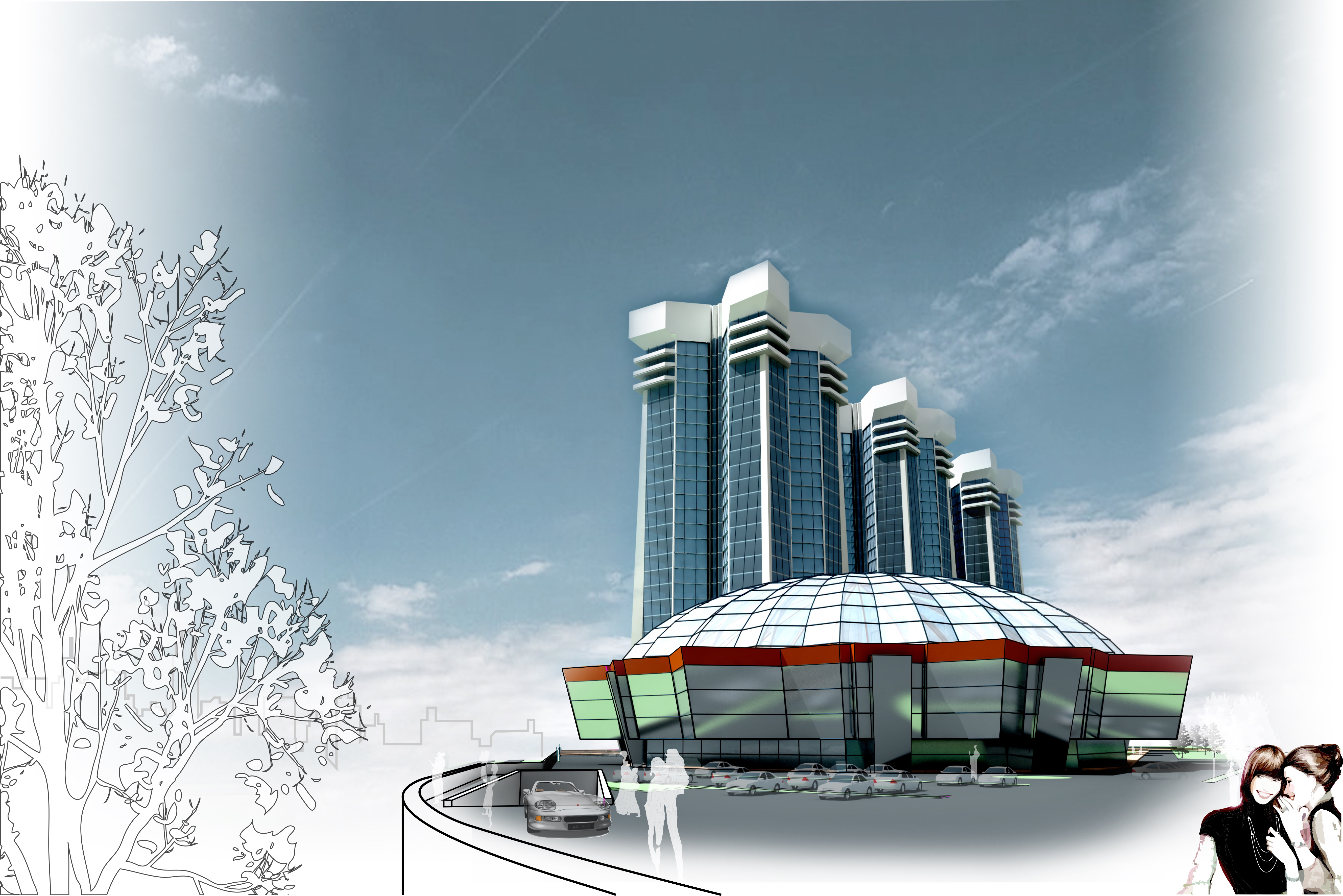 The architectural concept of an international business center with a ...